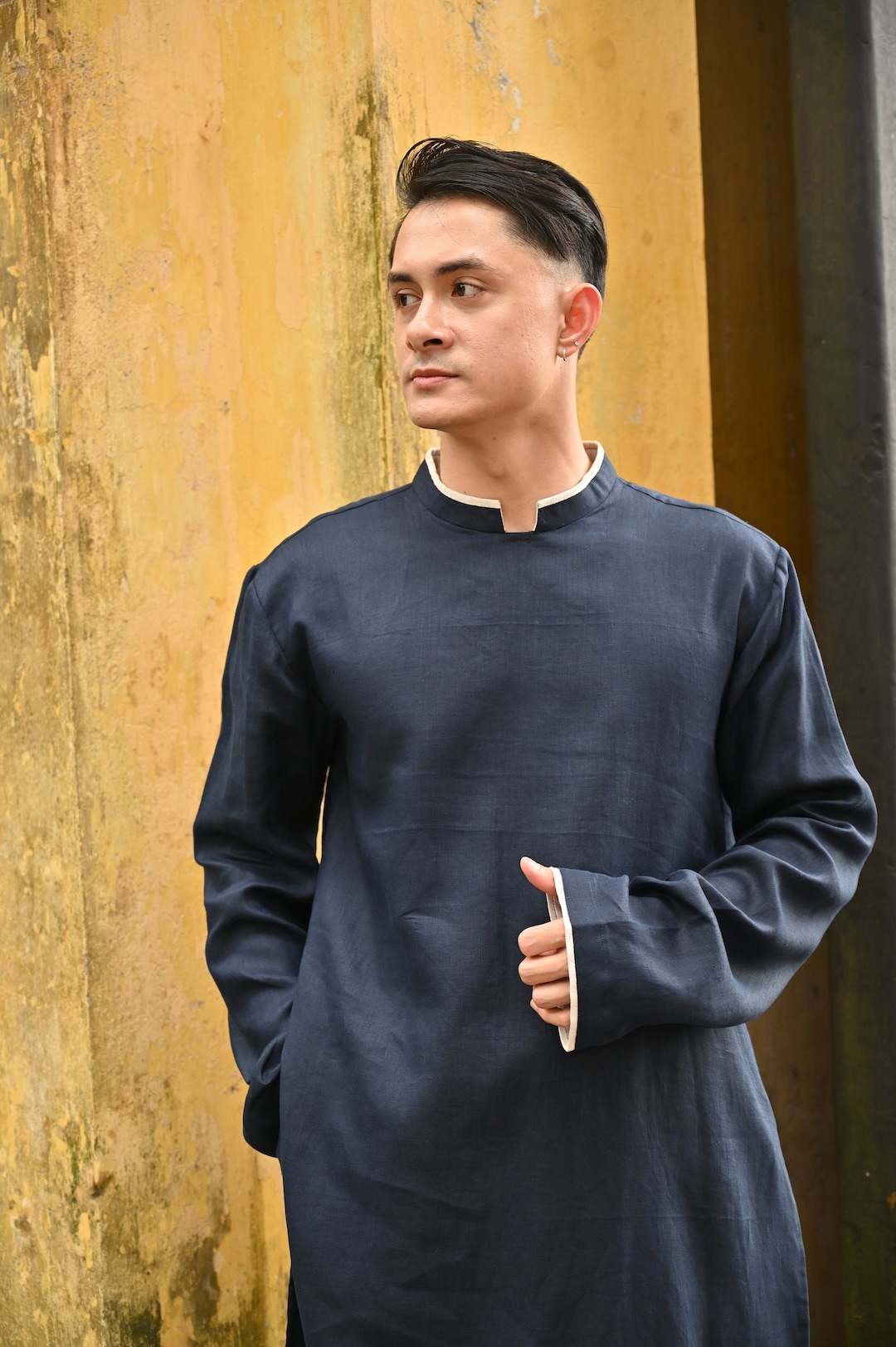 Blue Ao Dai for Men, Linen Ao Dai Men, Male Linen Ao Dai, Ao Dai Tunics ...