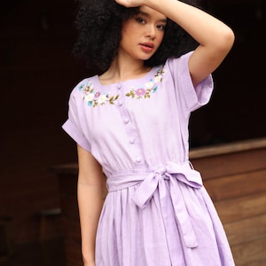 Hand Embroidered Linen Dress VIOLET, Linen Midi Dress Short Sleeves ...
