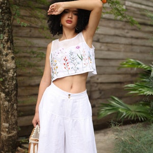 Hand Embroidered Crop Tops GREER, White Linen Crop Top, Embroidered ...
