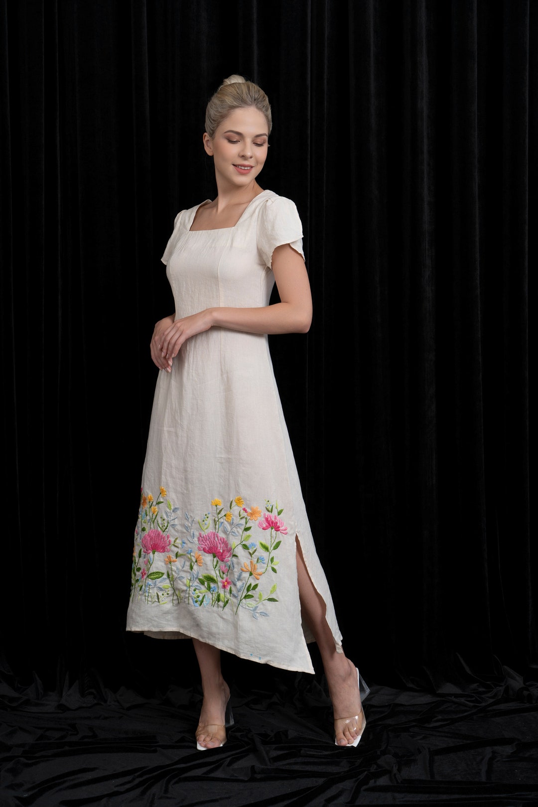 Linen Dress for Party AURORA, Handmade Embroidery Linen Dress, Linen ...