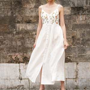 Linen Sundress Party DAMARIS, Hand Embroidered Maxi Linen Dress, White ...