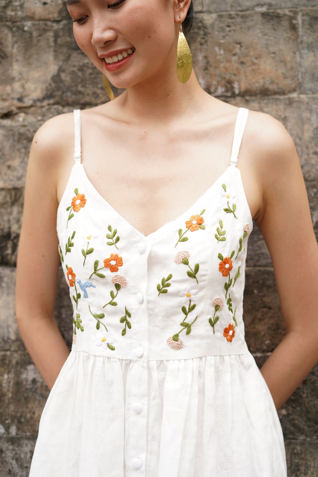 Linen Sundress Party DAMARIS, Hand Embroidered Maxi Linen Dress, White ...