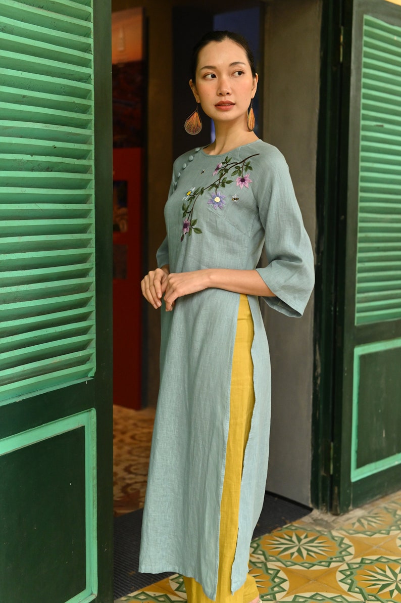 Handmade Embroidery Ao Dai Women Modern Linen, Embroidered Ao Dai ...