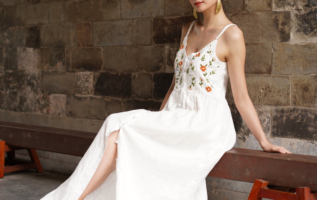 Linen Sundress Party DAMARIS, Hand Embroidered Maxi Linen Dress, White ...