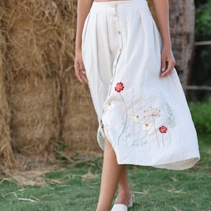 Embroidered Midi Skirt MIA, Linen Pleated Skirt, Maxi Skirt Boho ...