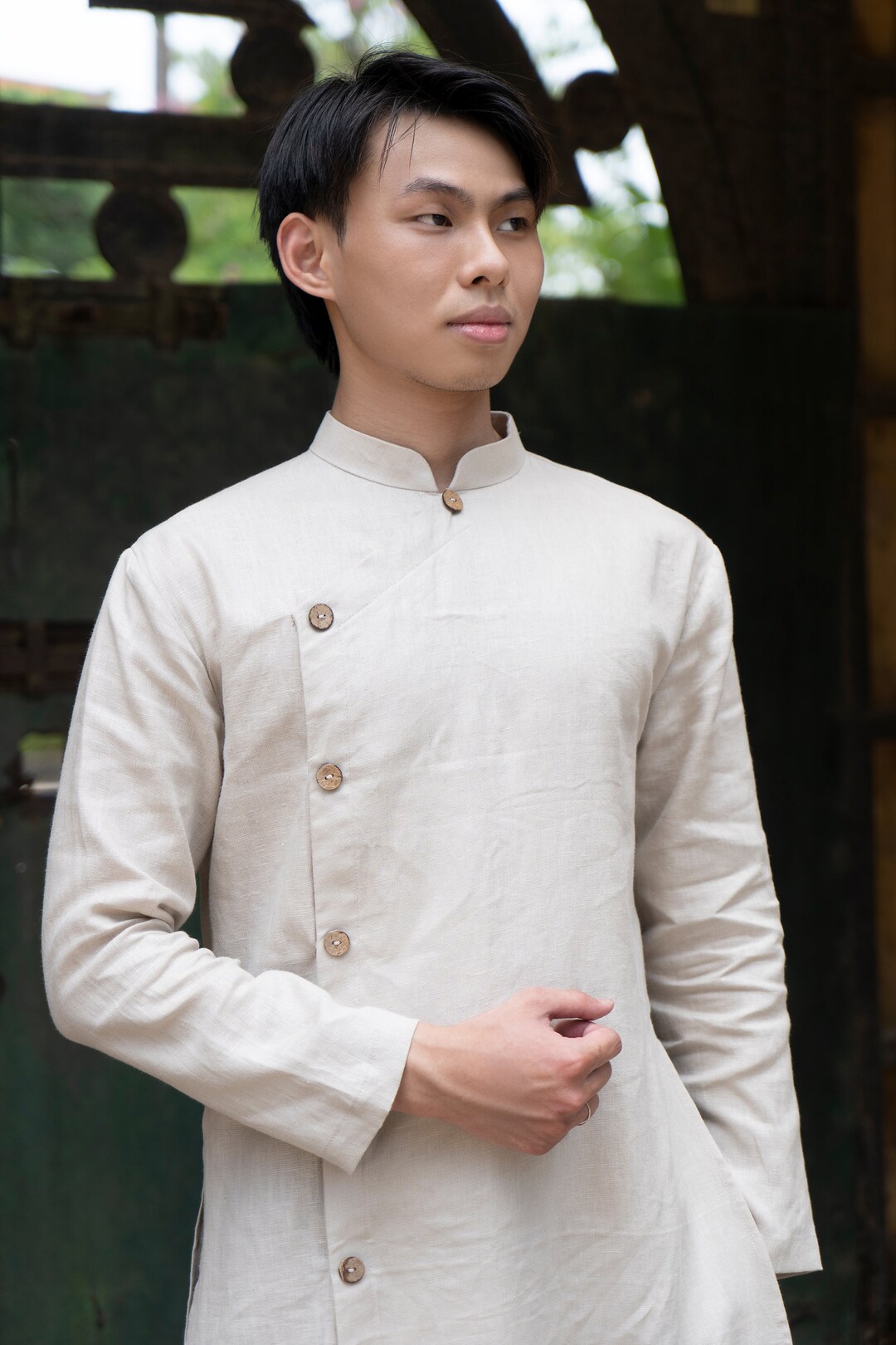 Beige Ao Dai for Men, Linen Ao Dai Men, Men Ao Dai Tunic, Ao Dai Men ...