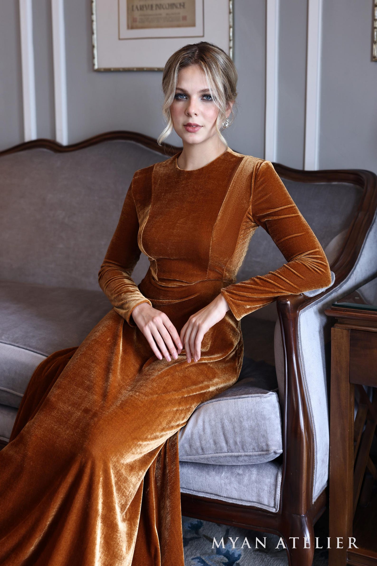 Long Sleeve Floor-length Gown ISOBEL, Caramel Velvet Bridesmaid Dress ...