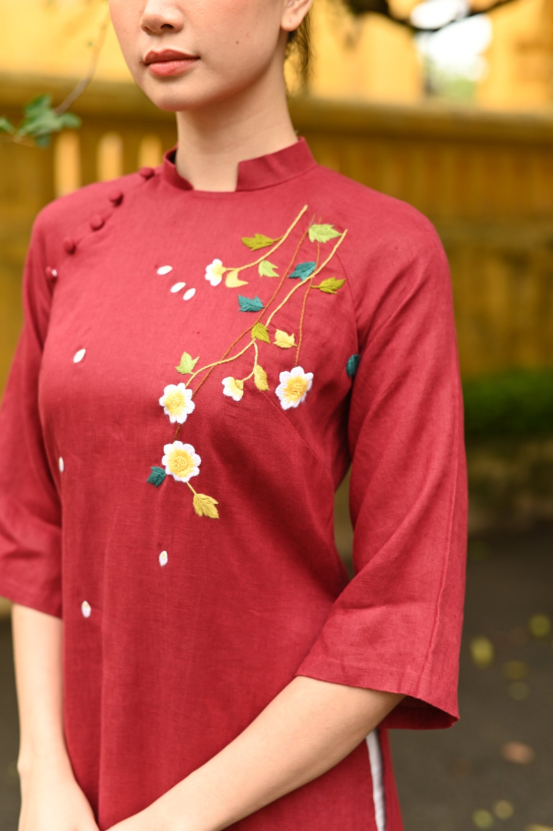 Handmade Embroidery Linen Ao Dai Women, Red Linen Ao Dai, Springluc Ao ...