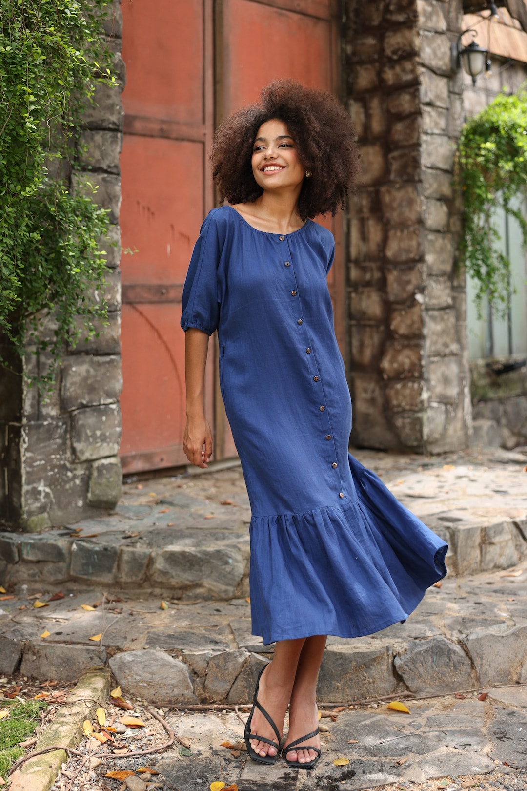 Drop Ruffle Linen Dress CHANIA, Button Front Midi Dress, Handmade Linen ...