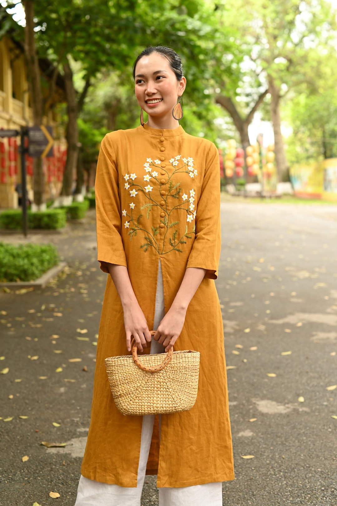 Handmade Embroidery Linen Modern Ao Dai, Modern Vietnamese Ao Dai, Embroidered Ao Dai ...