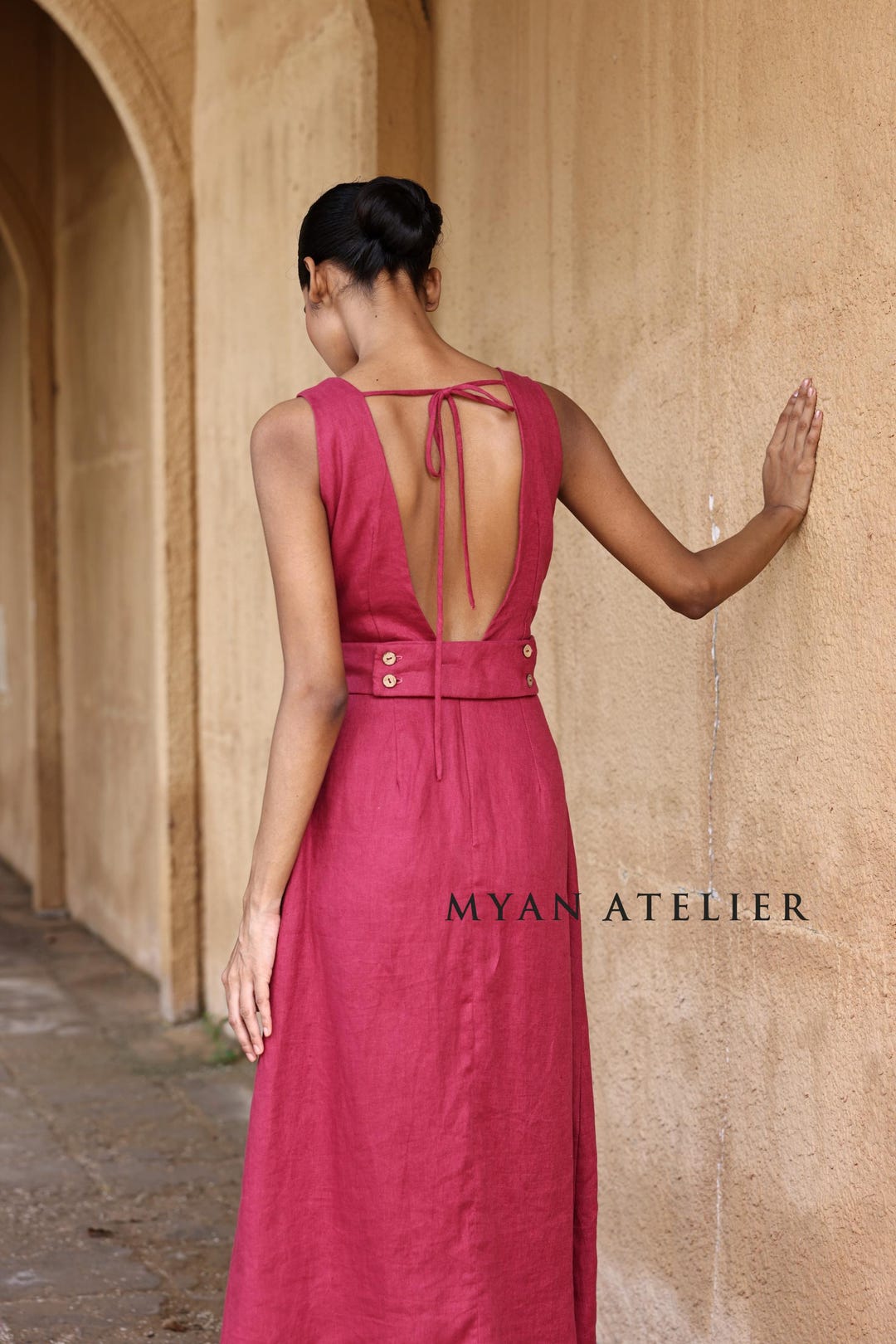 Backless Linen Midi Dress SELORIA - Sleeveless Summer Dress - Custom ...