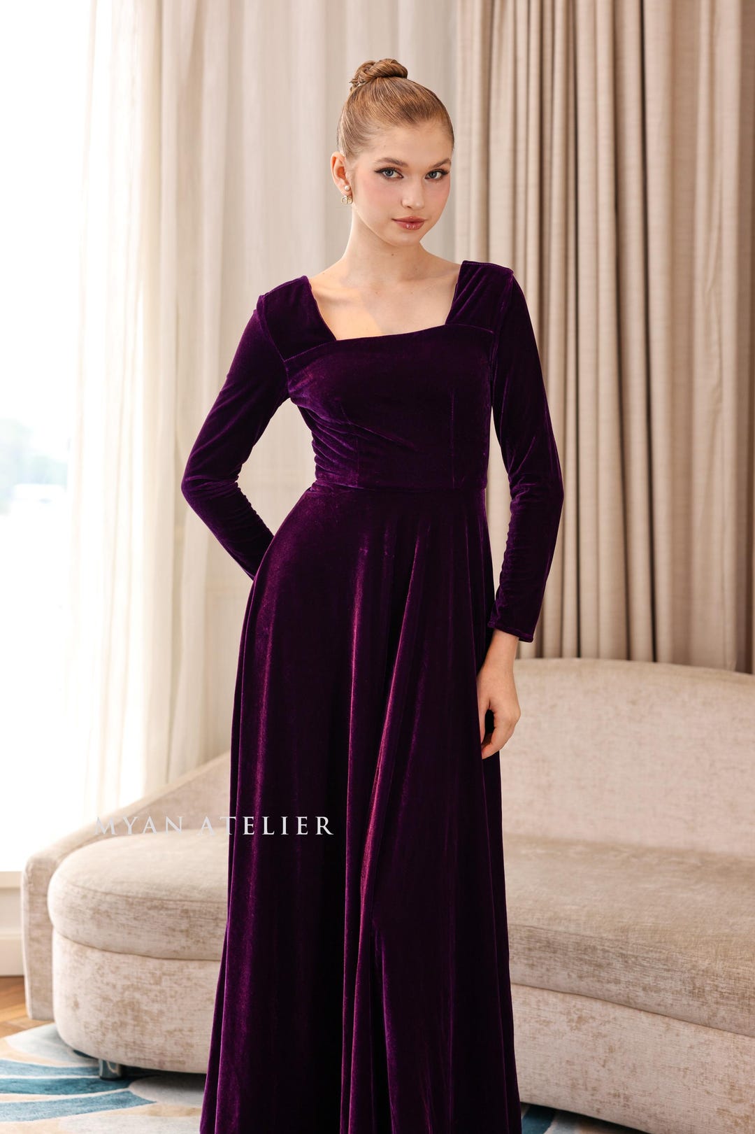 Long Sleeve Velvet Gown LORE, Square Neck Velvet Dress, Floor Length ...