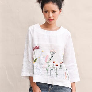 Linen Blouse With Hand Embroidery BINKY, Linen Blouse for Women, Long ...