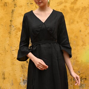 Hand Embroidered Black Linen Dress LANY, Linen Midi Dress With Hand ...