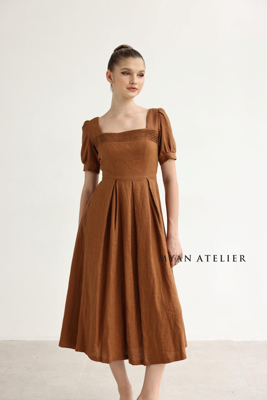 Square Ruffled Neck Midi Dress FAYRA, Short Sleeve Linen Dress, Custom ...