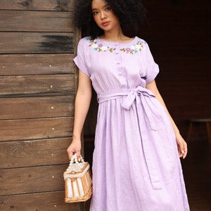 Hand Embroidered Linen Dress VIOLET, Linen Midi Dress Short Sleeves ...
