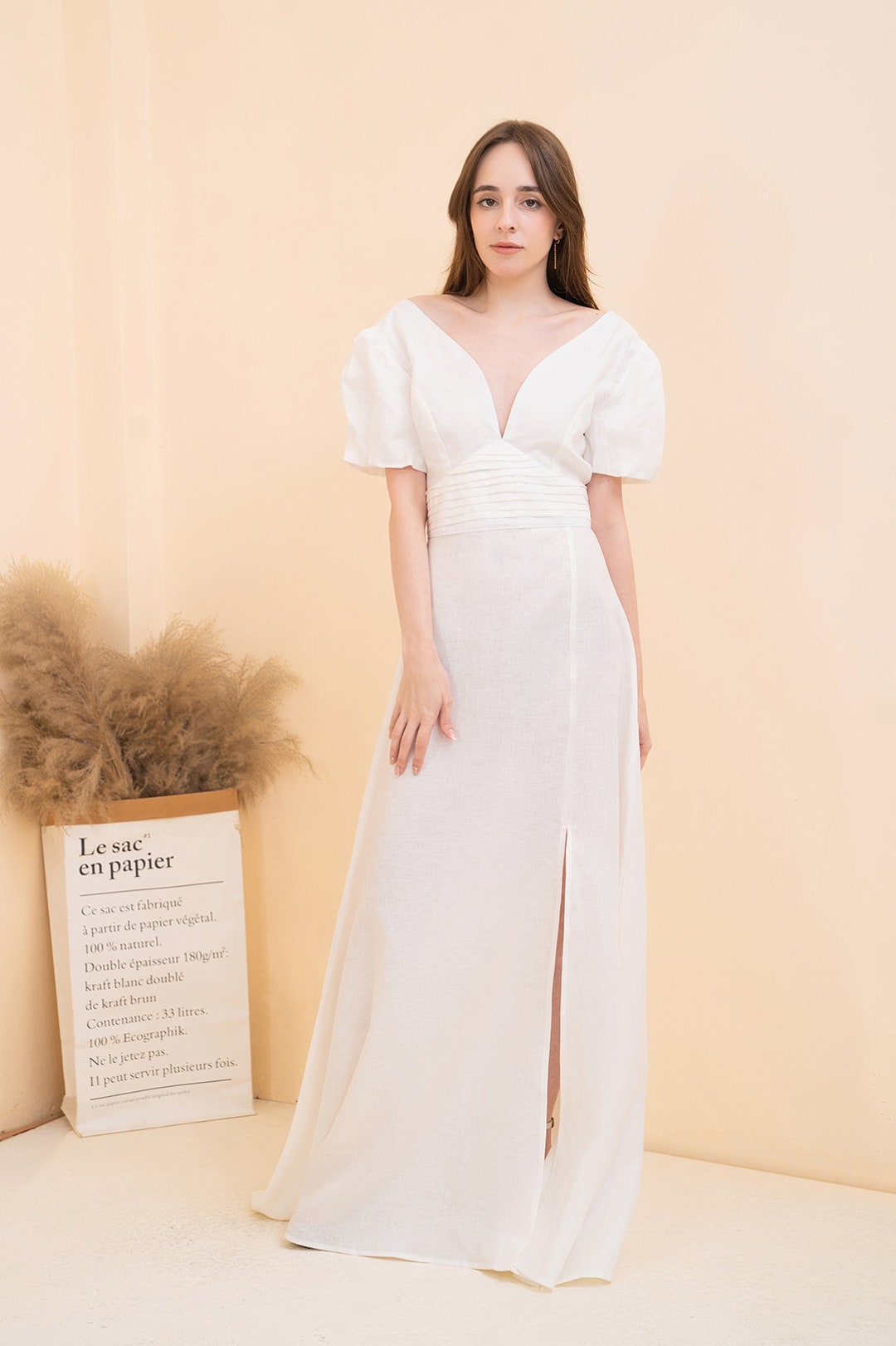 Linen Wedding Dress Halter Neck, Rustic Linen Wedding Gown, Modest ...