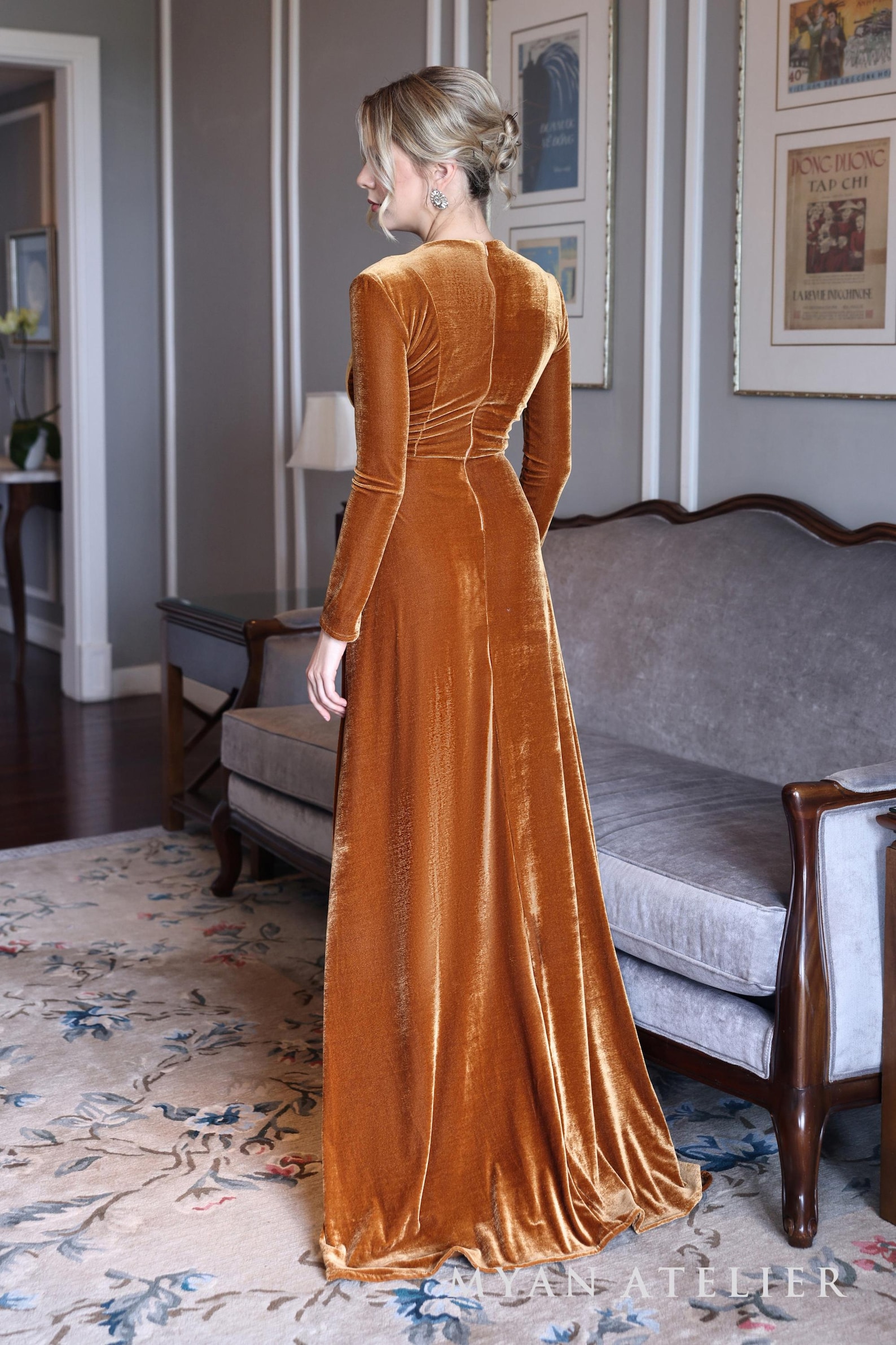 Long Sleeve Floor-length Gown ISOBEL, Caramel Velvet Bridesmaid Dress ...