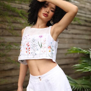 Hand Embroidered Crop Tops GREER, White Linen Crop Top, Embroidered ...