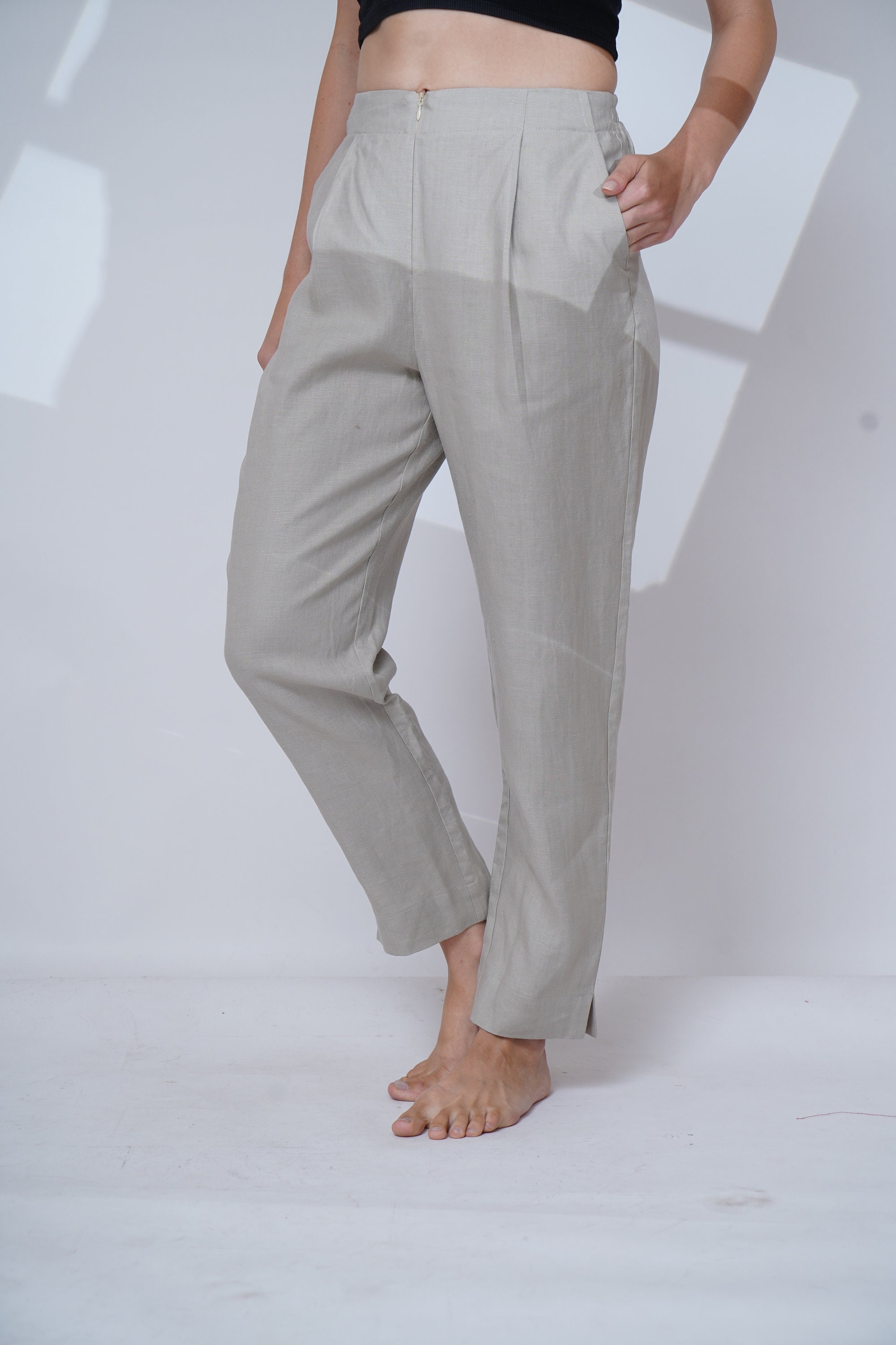 Pleated Tapered Linen Pants GEM, Elastic Back High Waistband Pants ...