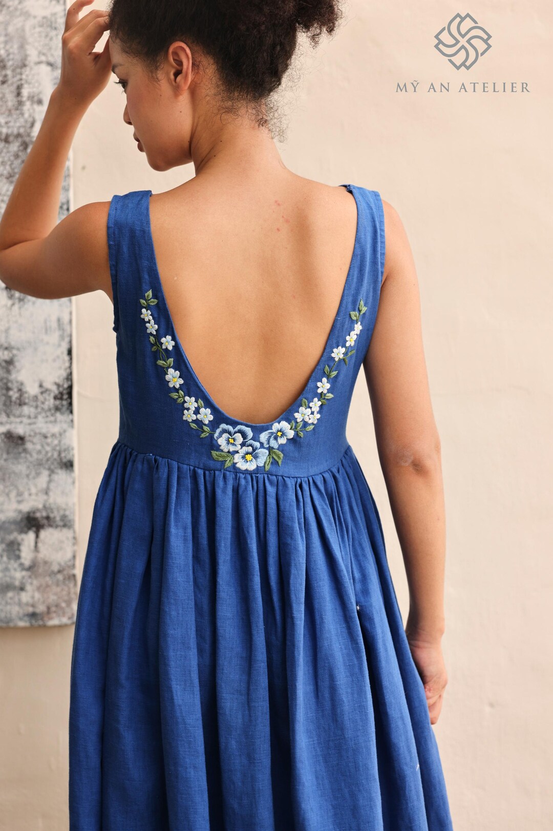 Hand-embroidered Backless Linen Dress NOMI, Sleeveless Linen Dress ...