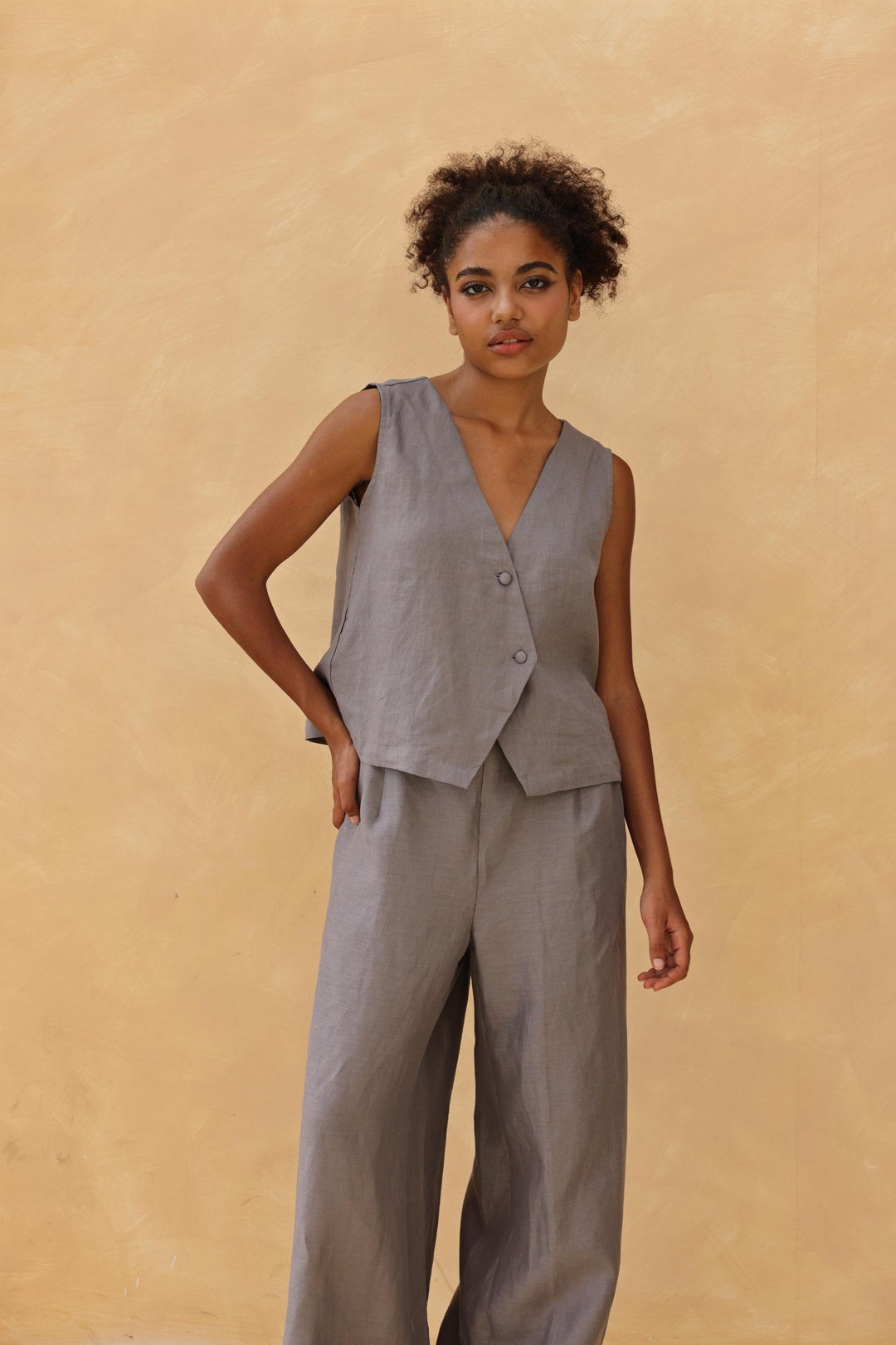 Linen Vest and Trousers Set DENISE, Front Button Vest, Linen Wide Pants ...