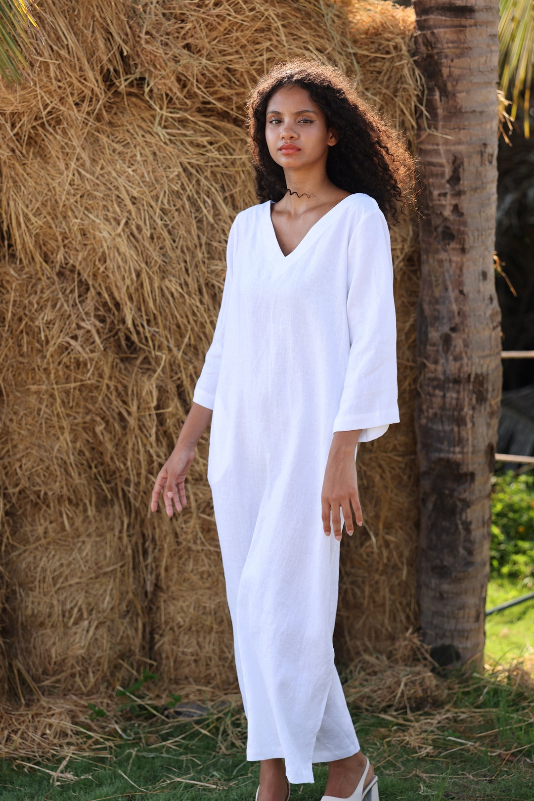 V Neck Linen Dress RENNE, Casual Linen Maxi Dress, Maxi Dress With ...