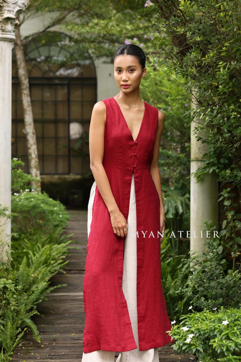 Sleeveless Linen Tunic SIONA - V-neck Button Front Tunic Top - Made to ...
