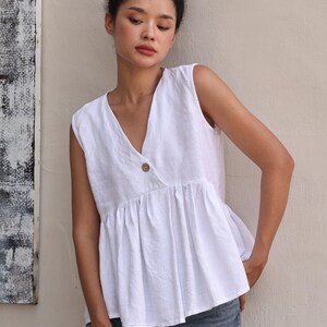 Linen Sleeveless V-neck Top for Woman AMAL, Button Front Top, Linen ...