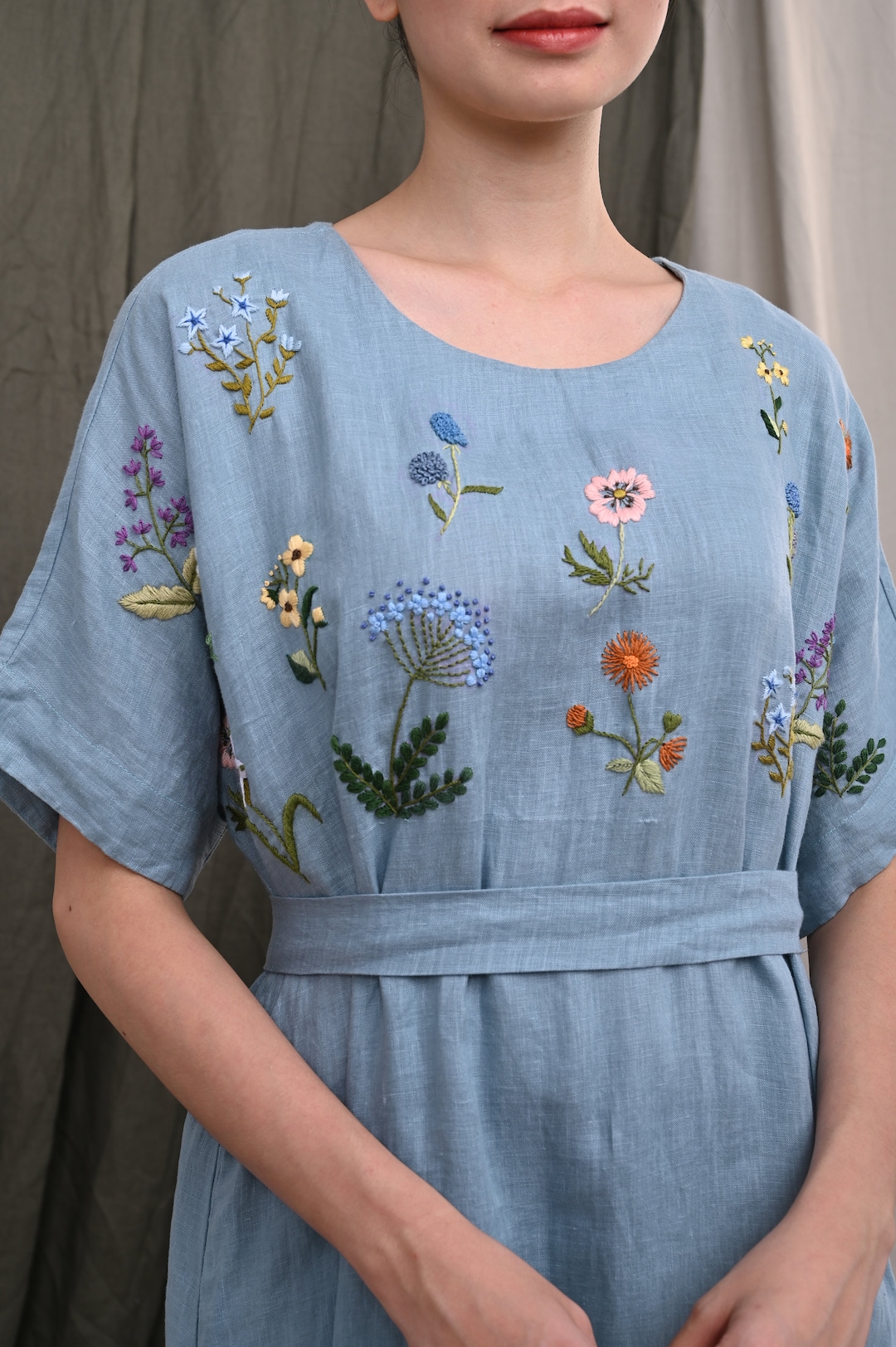 Handmade Embroidery Linen Dress JOSIE, Linen Dress for Wedding Guest ...