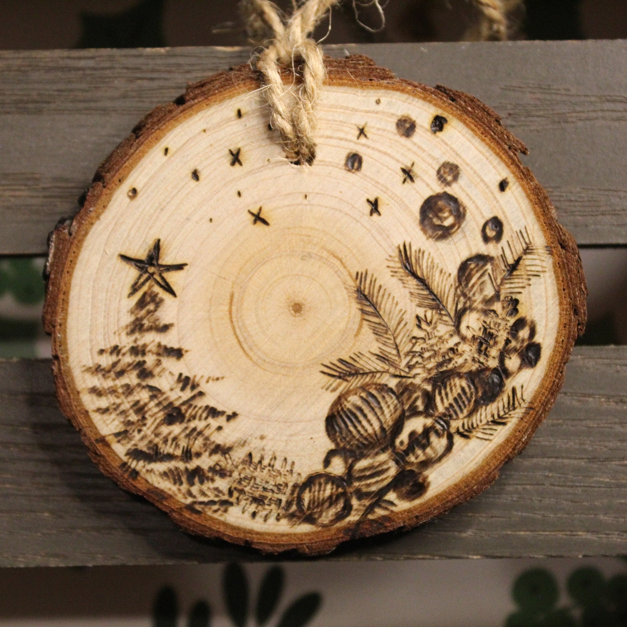 Custom Wood Burned Ornament Rustic Bark Wood Circle Natural Sketch Art ...