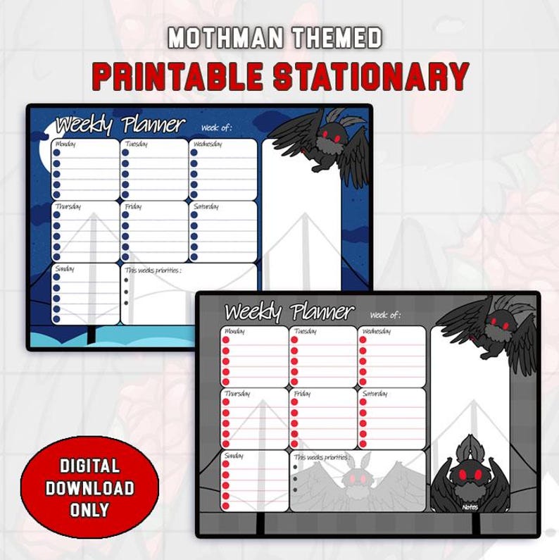 Mothman Weekly Planner + Notepad - Print at Home Digtial Download ...