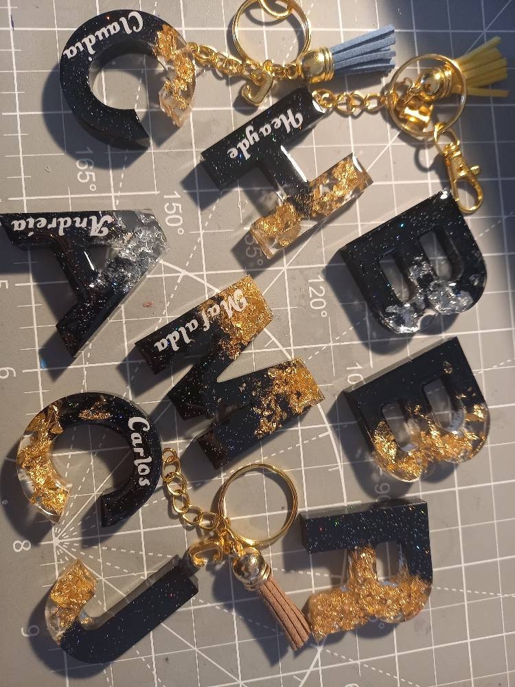 Resin Letter Keychain Black or White With Gold or Silver Leaf /resin ...