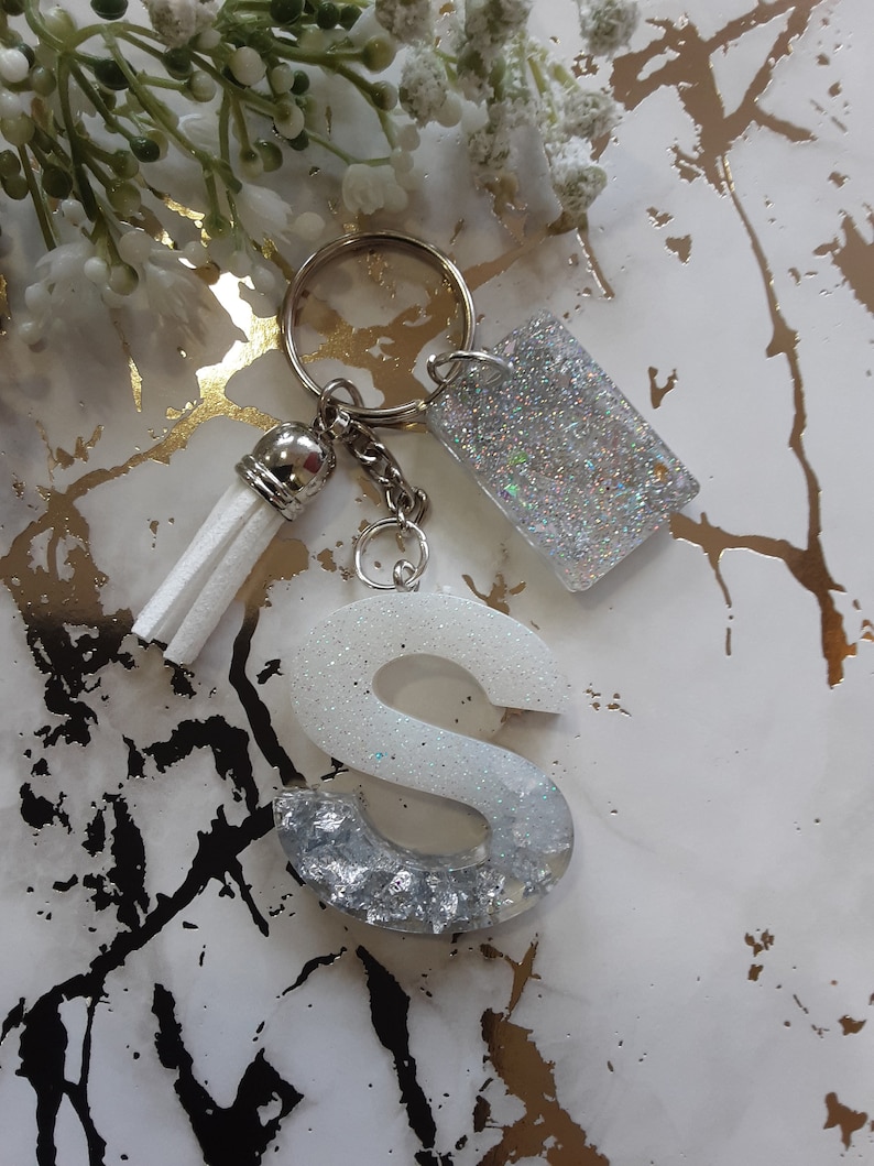 Resin Letter Keychain Black or White With Gold or Silver Leaf - Etsy