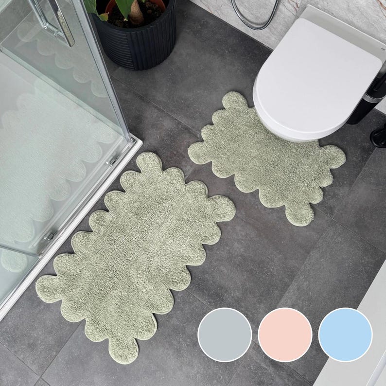Two Piece Scallop Bath Mat Set - Cute Pastel Bathroom Mats, Cloud Shape ...