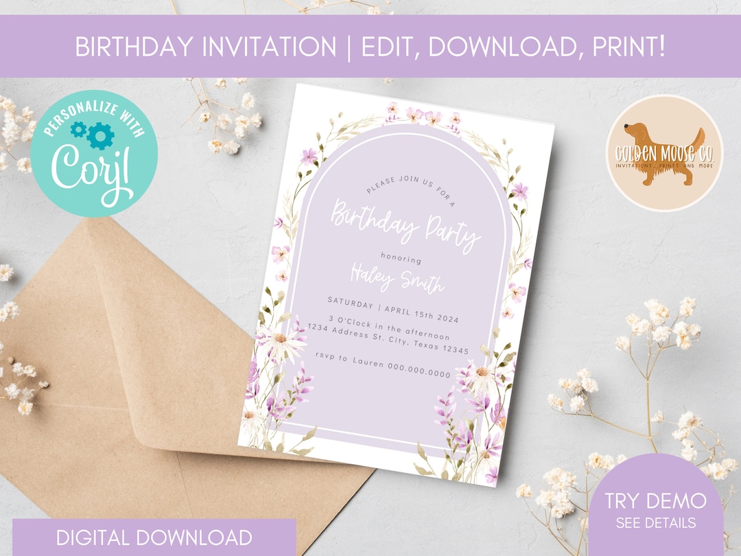 Spring Birthday Invitation Purple Birthday Girly Birthday birthday ...