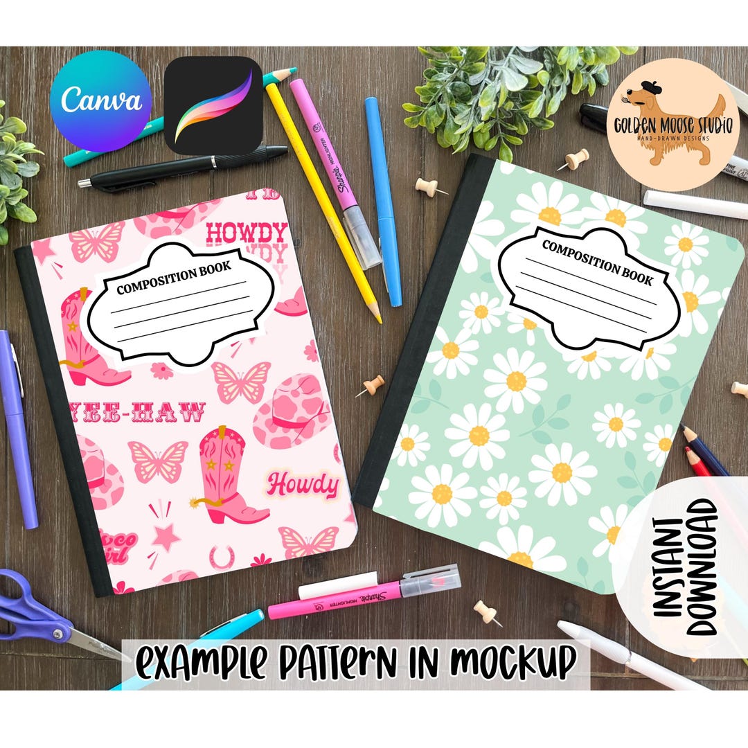 Canva, Procreate Composition Notebook Cover Mockup Bundle, 6 Editable ...