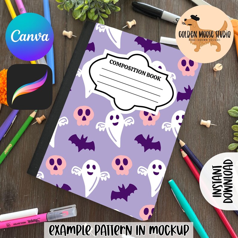 Canva, Procreate Composition Notebook Cover Mockup Bundle, 6 Editable ...