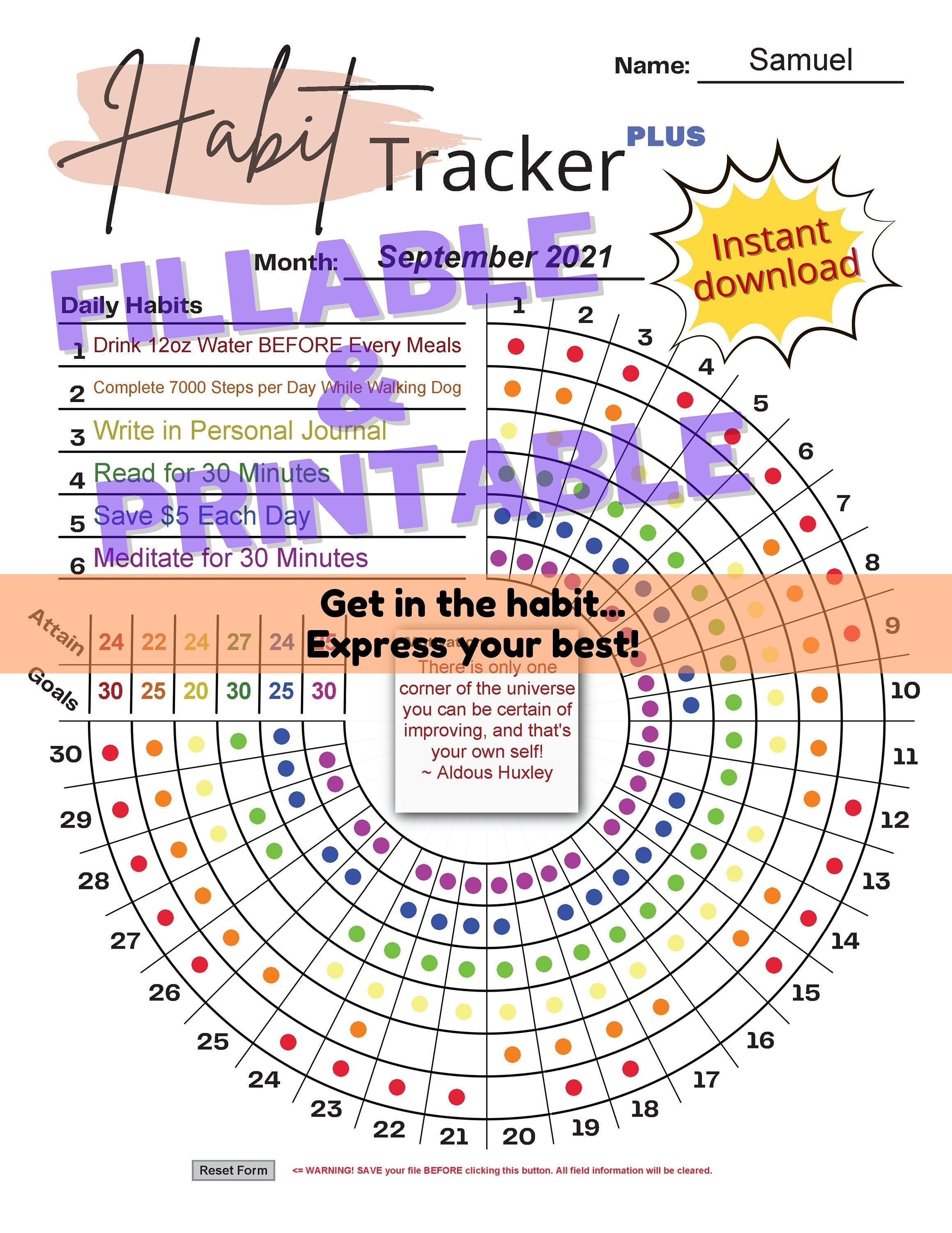 Printable Habit Tracker Plus PDF Form | Daily Habit Circle Tracker Plus ...