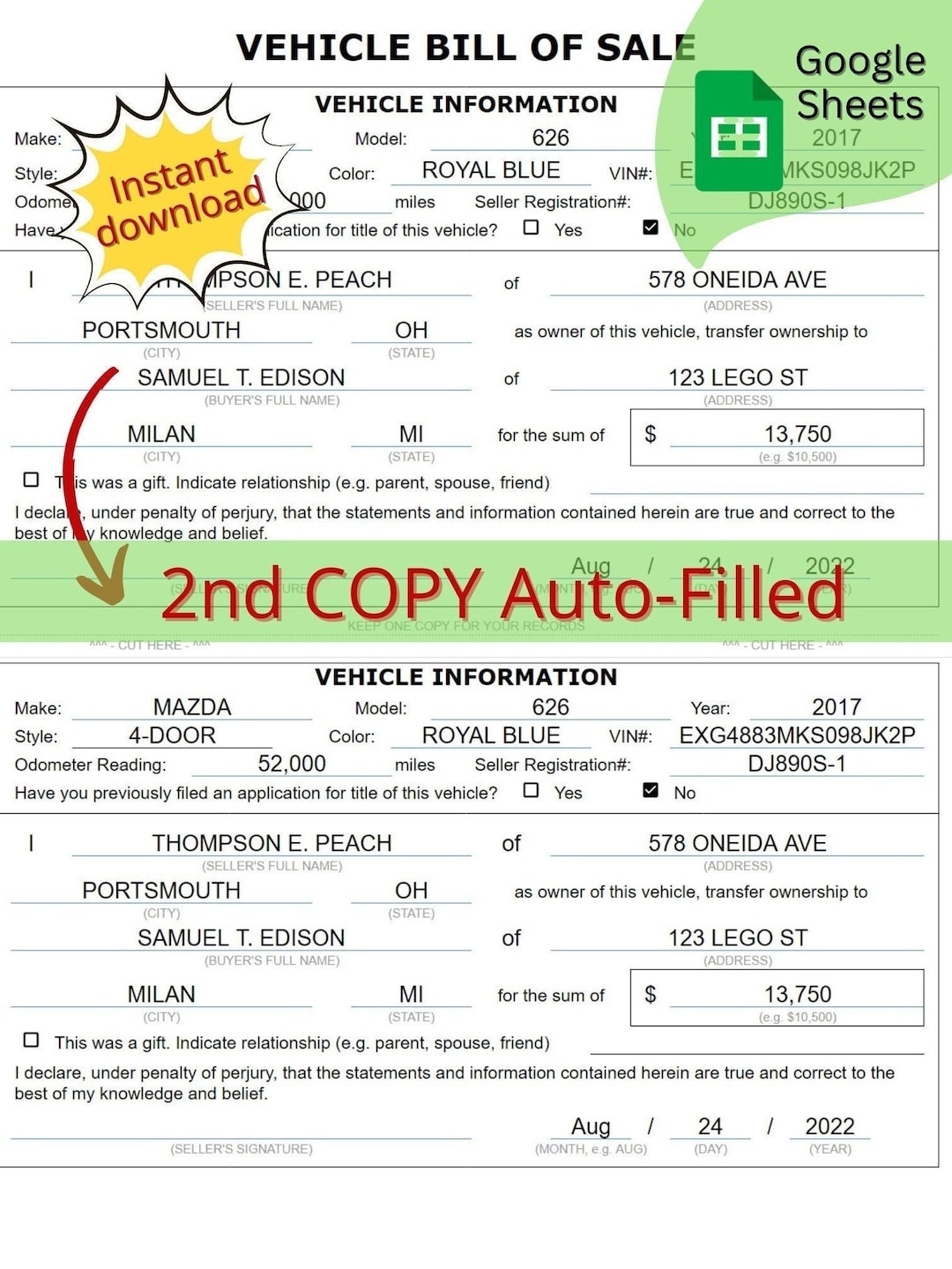 Vehicle Bill of Sale Google Sheet Form | Auto Bill of Sale Google Sheet ...