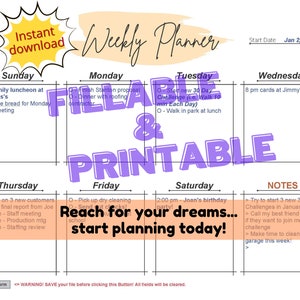 Weekly Planner PDF Form Fillable & Printable | 5 Template Colors - Etsy
