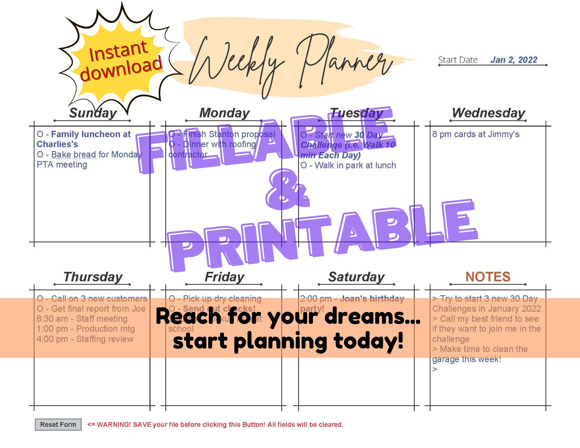 Weekly Planner PDF Form Fillable & Printable | 5 Template Colors - Etsy