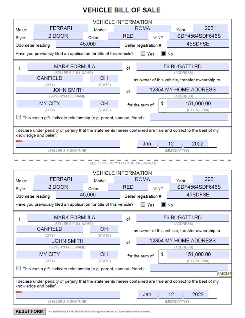 Fillable Vehicle Bill of Sale Template Bundle (PDF Download) - Etsy