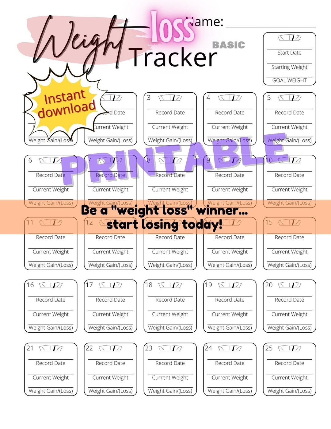Printable Weight Loss Tracker Basic PDF Form | Weight Loss Tracker ...