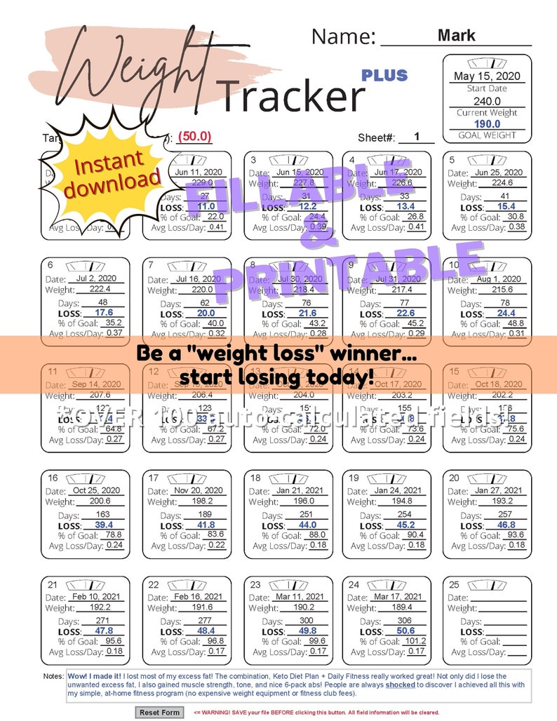 Weight Loss Tracker PLUS Printable and Fillable Form | Colorful Weight ...