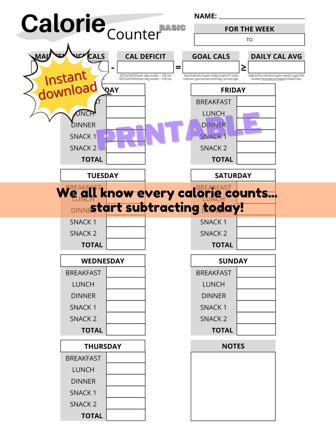 Calorie Counter Basic Weight Loss PDF Form | Calorie Counter BASIC ...
