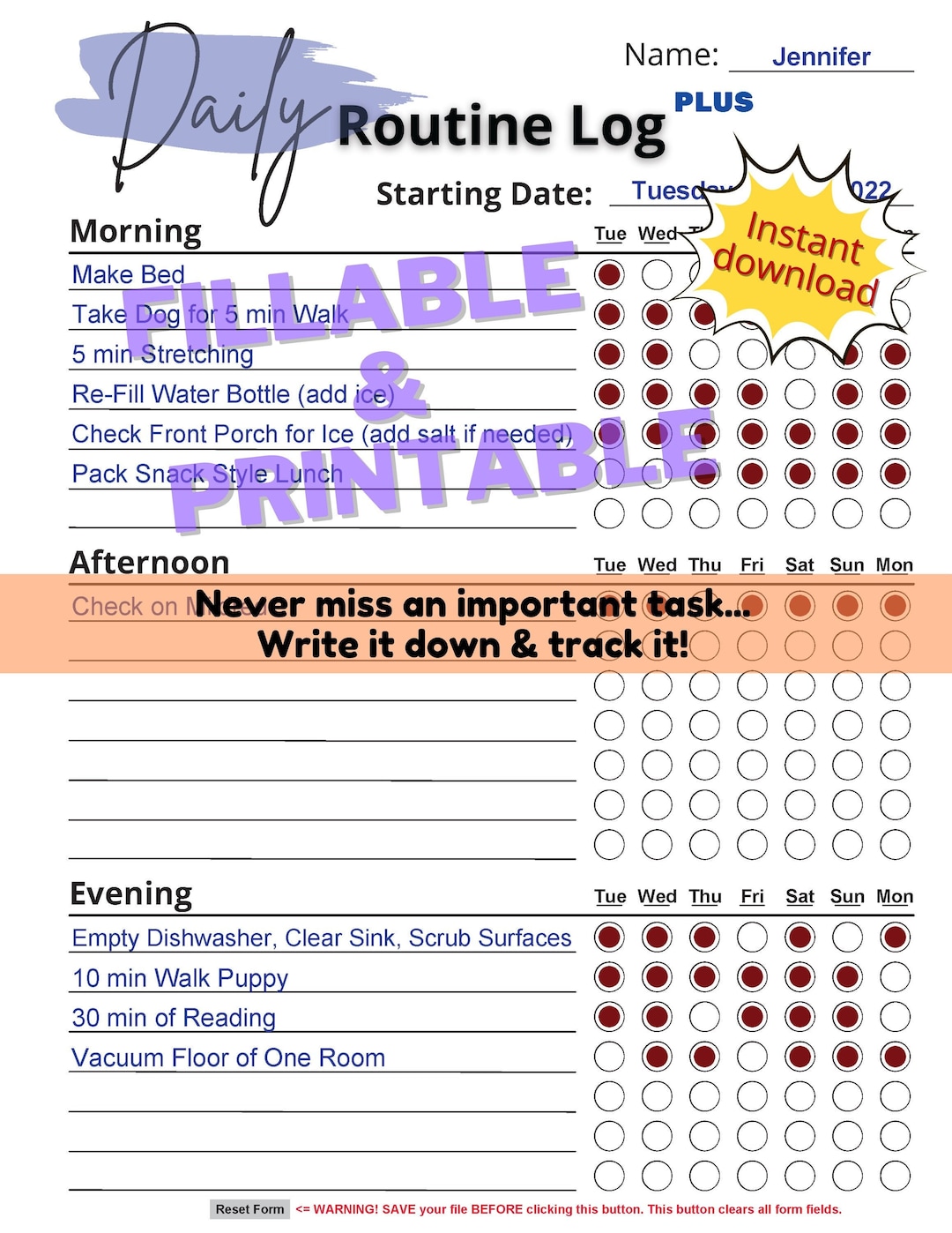 Daily Routine Log PLUS PDF Form | Daily Routine Tracker Fillable ...