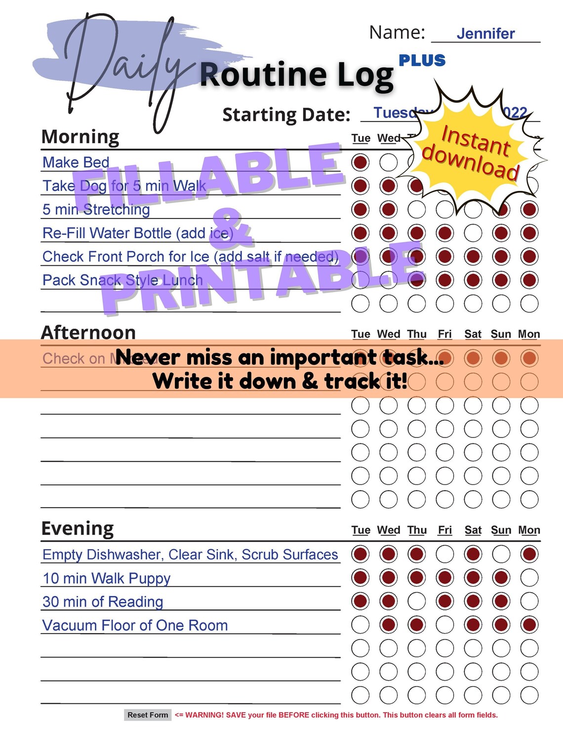 Daily Routine Log PLUS PDF Form | Daily Routine Tracker Fillable ...