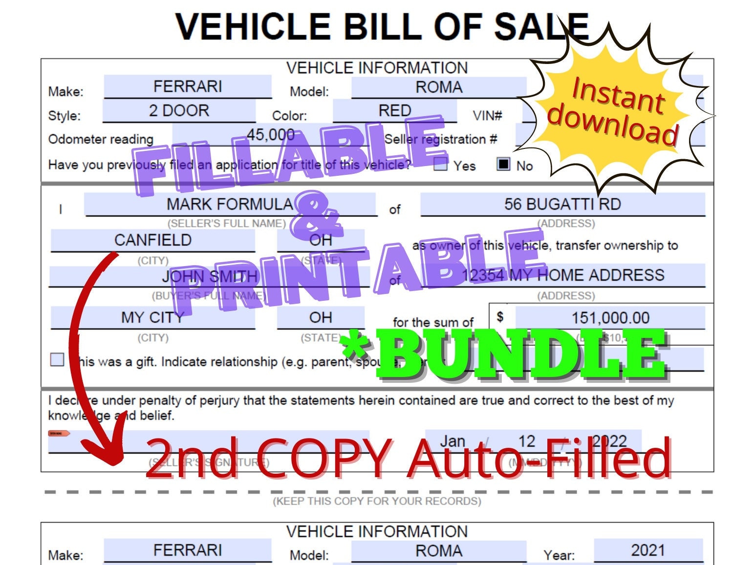 Vehicle Bill of Sale BUNDLE Fillable and Printable Form | Bill of Sale ...