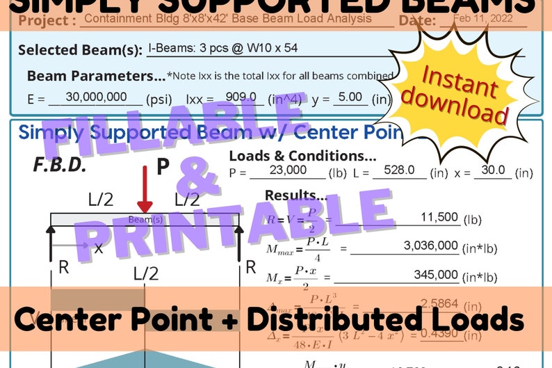 Beam Load Analysis PDF Form: Center Point & Distributed Loads (digital ...